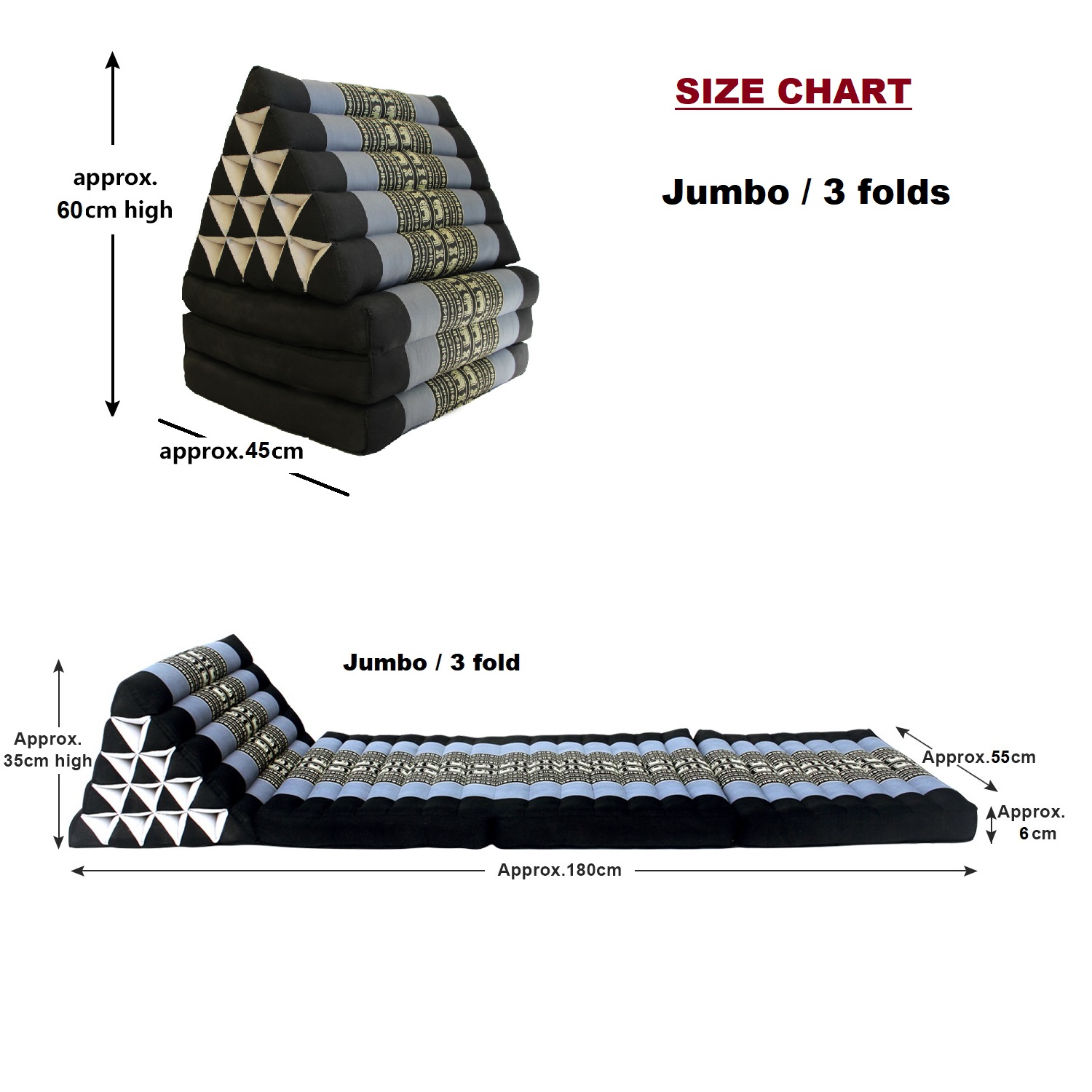 JUMBO 3 FOLDS Thai Triangle Cushion Triangular Pillow Foldout Daybed ...